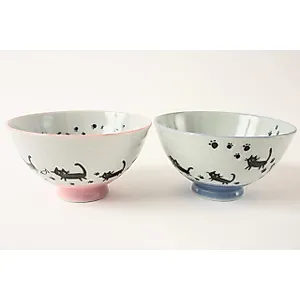 Mino ware Japanese Pottery Pair Rice Bowl Black Cats & Foot Prints Blue & Pink made in Japan (Japan Import) MIG005