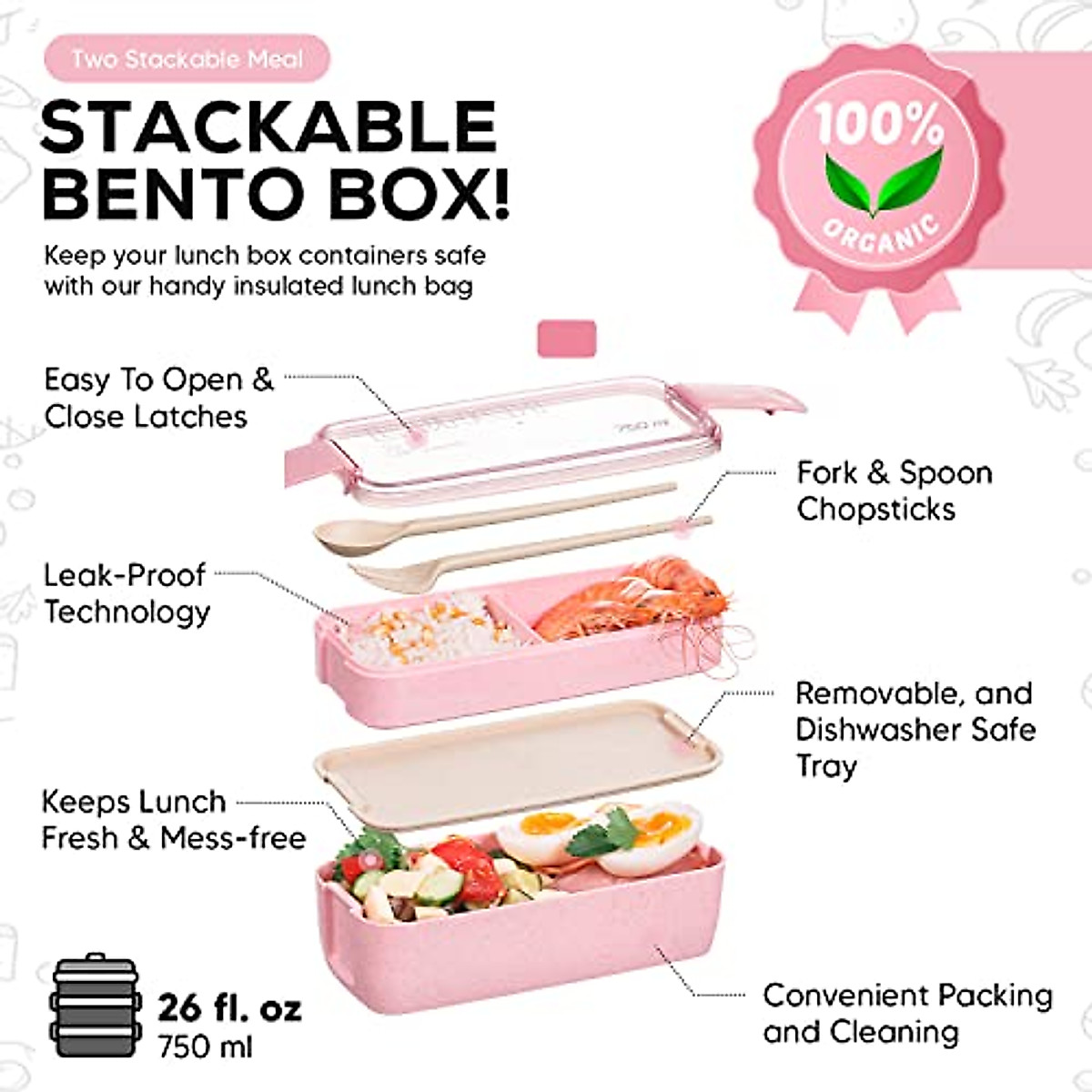 TARLINI | Stackable Bento Lunch Box for Adults - Bentgo-Inspired Design - Microwave & Dishwasher Safe - Aesthetic & Cute Meal Container - Perfect for Work, On-the-Go - Hot Food, Lunchboxes, Meal Prep