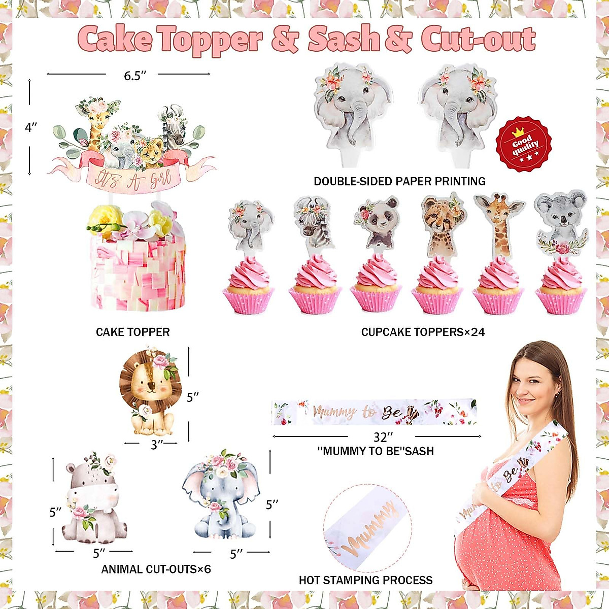 Fiesec Safari Baby Shower Decorations for Girl, Jungle Themed Décor Backdrop Balloon Garland Arch Artificial Leaves Box Cutout Glitter Banner Cake Topper Sash Lion Cheetah Giraffe Pink 140 PCs