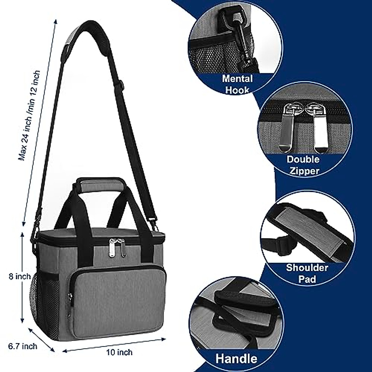 Deosk Lunch Box for Men/Women,Insulated Lunch Bag Cooler Bag,Leak-Proof Large Beach Cooler Adult Lunch Box for Work/Picnic/Travel(M-grey)