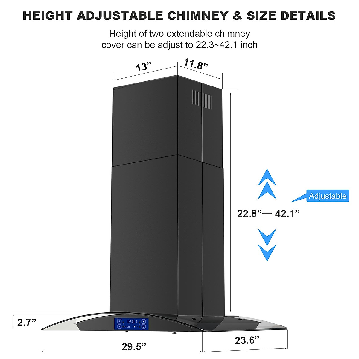 JOEAONZ 30 Inch Island Range Hood Black 700CFM, Gesture & Touch Panel Ceiling Mount Vent Hood, Stainless Steel Kitchen Exhaust Fan Convertible, Tempered Glass, LED lights, Permanent Baffle Filters