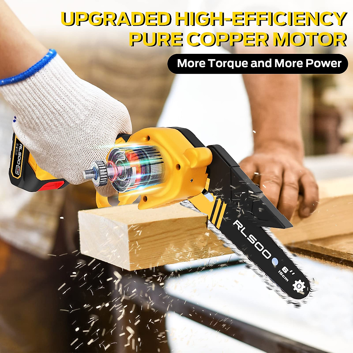 Mini Chainsaw 6 Inch, RLSOO Upgraded Portable Electric Chainsaw Cordless, Handheld Small Chainsaw for Tree Trimming Wood Cutting, Courtyard and Garden (2 Batteries and 3 Chains Included)