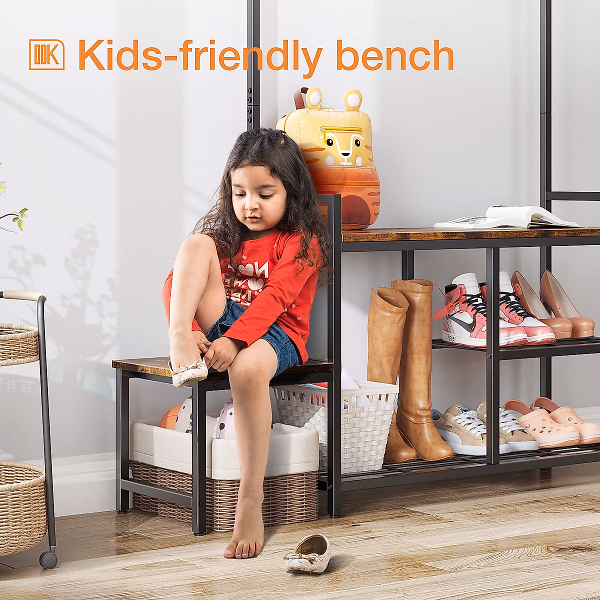 ODK Parent-Child Hall Tree with Bench and Shoe Storage, Entryway Rack with Metal Frame and Hooks, for Entrance, Foyer, Mudroom (Rustic Brown)