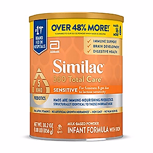 Similac 360 Total Care Sensitive Infant Formula, with 5 HMO Prebiotics, for Fussiness & Gas Due to Lactose Sensitivity, Non-GMO, Baby Formula Powder, 30.2-oz Can (Pack of 1)
