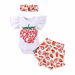 Newborn Baby Girls Clothes Strawberry Ruffles Sleeves Summer Romper Floral Bottoms Shorts Headband 3pcs Outfits Set Infant Girl First Birthday Coming Home Outfits Pants Set Red Strawberry 9-12 Months