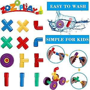 ZOZOPLAY STEM Learning Toy Tubular Pipes & Spouts & Joints 64 Piece Build Bicycle, Tank, Scootie, Moter Skills Endless Designs Educational Building Blocks Set for Kid Ages 3+ Multicolor