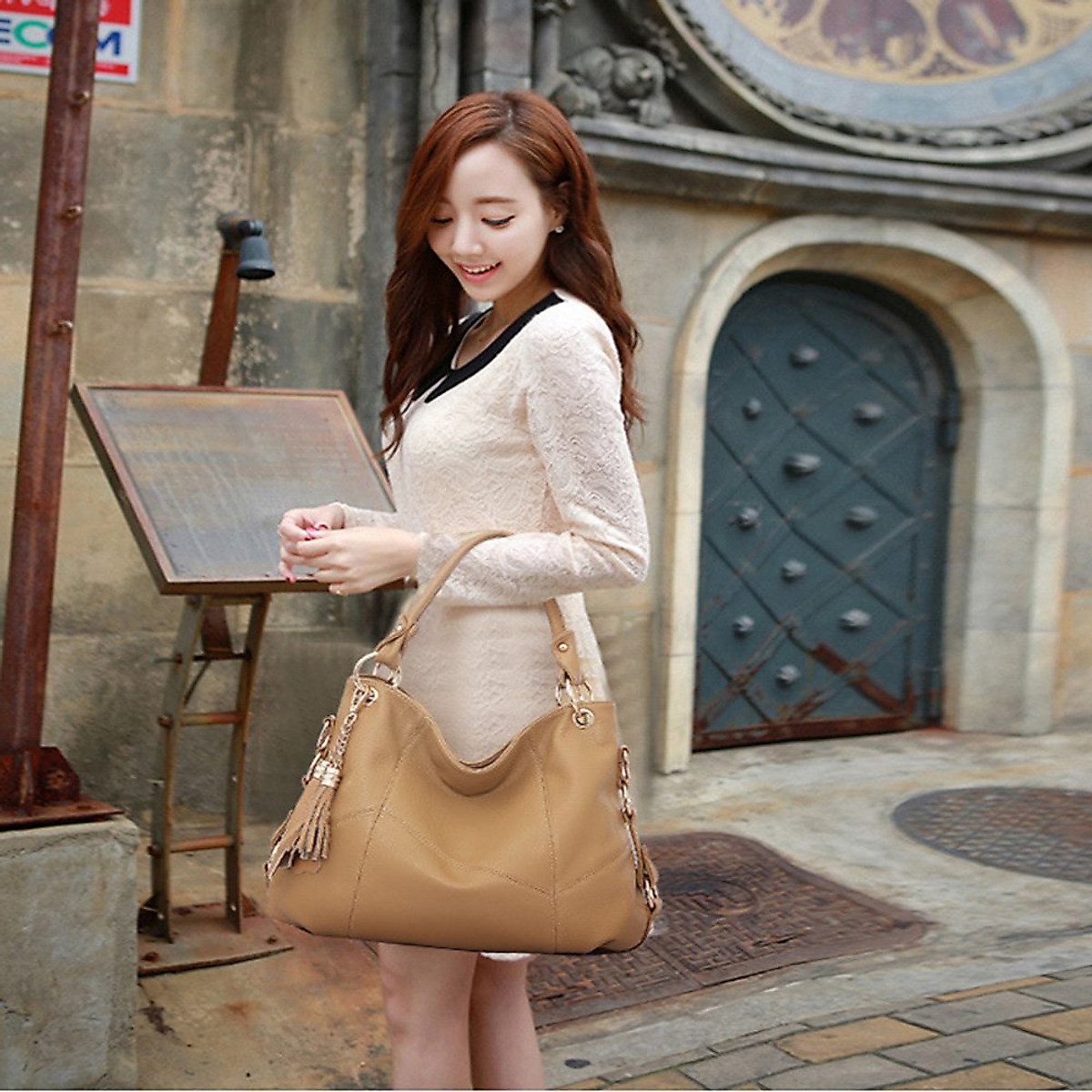 FiveloveTwo Women Top-Handle Bag Shoulder Bag Satchel Handbags Tote Bags Purse Khaki