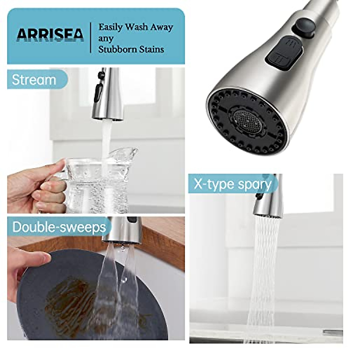 ARRISEA Bar Faucets, RV Faucets, Double Bowl Kitchen Sink Faucet with 10'' Deck Plate, Brushed Nickel Single Handle Laundry Sink Faucet with Three Modes Sprayer, Farmhouse Tap, Outdoor Sink Tap