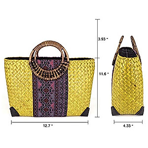 QTKJ Women Summer Retro Straw Bag with Printing Hand-woven Beach Handbag Top Round Handle Boho Tote Bag Shopping and Travel Large Bag (Yellow)