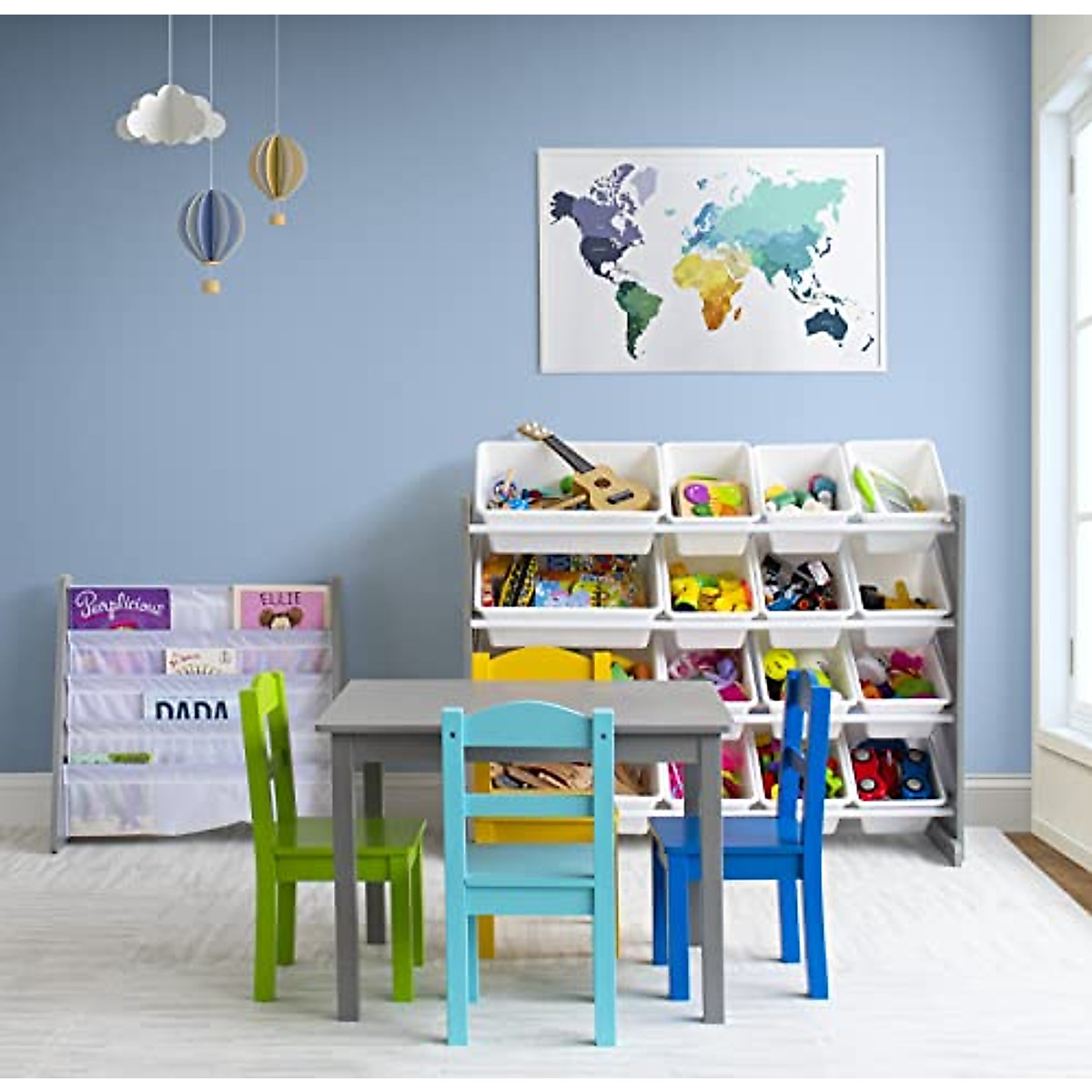 Humble Crew, Grey/Blue/Green/Yellow Kids Wood Table and 4 Chairs Set