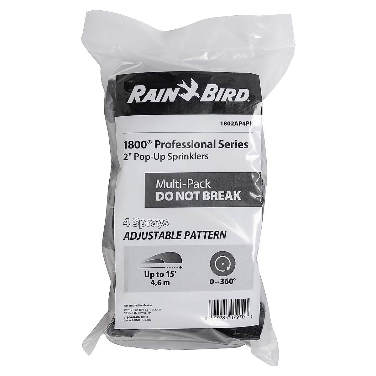 Rain Bird 1802AP4PK Professional Pop-Up Sprinkler, Adjustable 0 - 360° Pattern, 8' - 15' Spray Distance, 2" Pop-up Height, 4-Pack