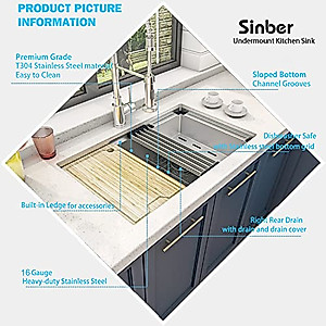 Sinber 30" x 19" x 10" Undermount Single Bowl Workstation Kitchen Sink with 16 Gauge 304 Stainless Steel Satin Finish 6 Accessories KSS0002S-OJ
