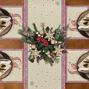 Pink Christmas Placemats Set of 4 Pink Santa Placemats 12 x 18 Inch Christmas Snowflake Placemats for Winter Xmas Home Holiday Kitchen Dining Party Decor