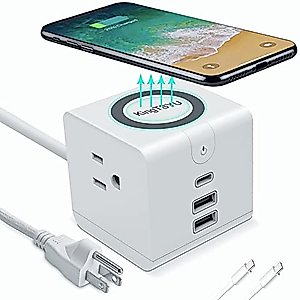 Power Strip with USB C Ports, KingTSYU Travel Surge Protector Tower Extension Cord with 2USB A/2AC Outlets/Phone Wireless Charger, PD 45W Fast Charging Power Deliveryfor Laptop MacBook Pro,Dorm/Office