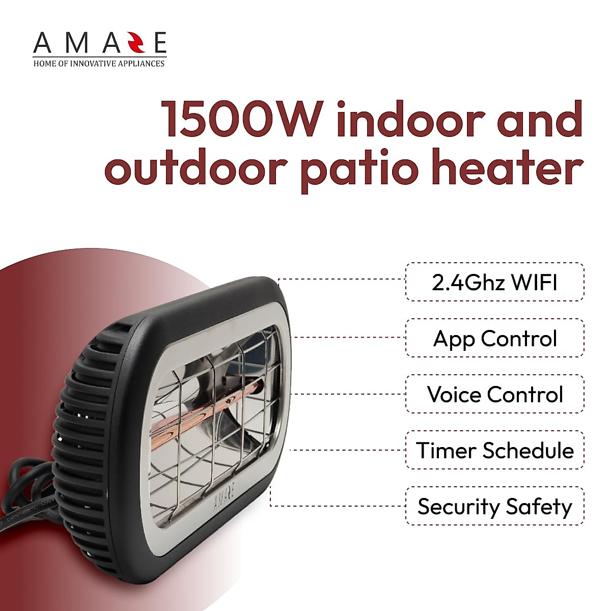 Amaze Electric Halogen Infrared Wifi Patio Heater 1500w with Smart WIFI Plug for Outdoor, Indoor, Patio, Backyard, and Garage heater