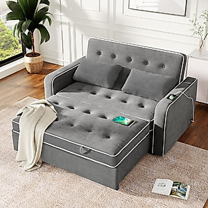 P PURLOVE Upholstered Modern Sofa Bed with Armrest, Convertible Sofa Couch with Adjustable Backrest and Dual USB Charging Port, Sleeper Bed for Living Room, Bedroom, Office, Charcoal Gray