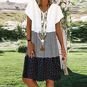 LFEOOST Dresses for Women 2023 Wedding Guest Summer V Neck Short Sleeve Belted Ruffle Hem A-Line Polka Dot Boho Maxi Dress