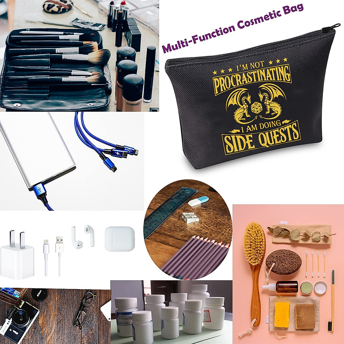 TSOTMO Gamer Zipper Pouch Game Theme Pack Dragons Bag I'm Not Procrastinating I'm Doing Side Quests Cosmetic Bag Gift For Game Lover Fans Gift (Procrastina)