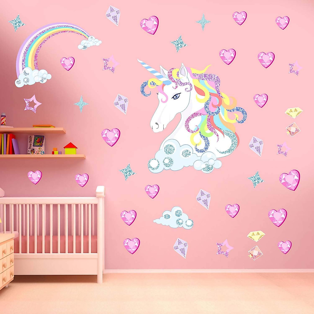 Rainbow Unicorn Wall Decals Gifts for Kids Decor with Hearts Girls Room Wall Stickers Nursery Vinyl Polka Bedroom (2PCS)