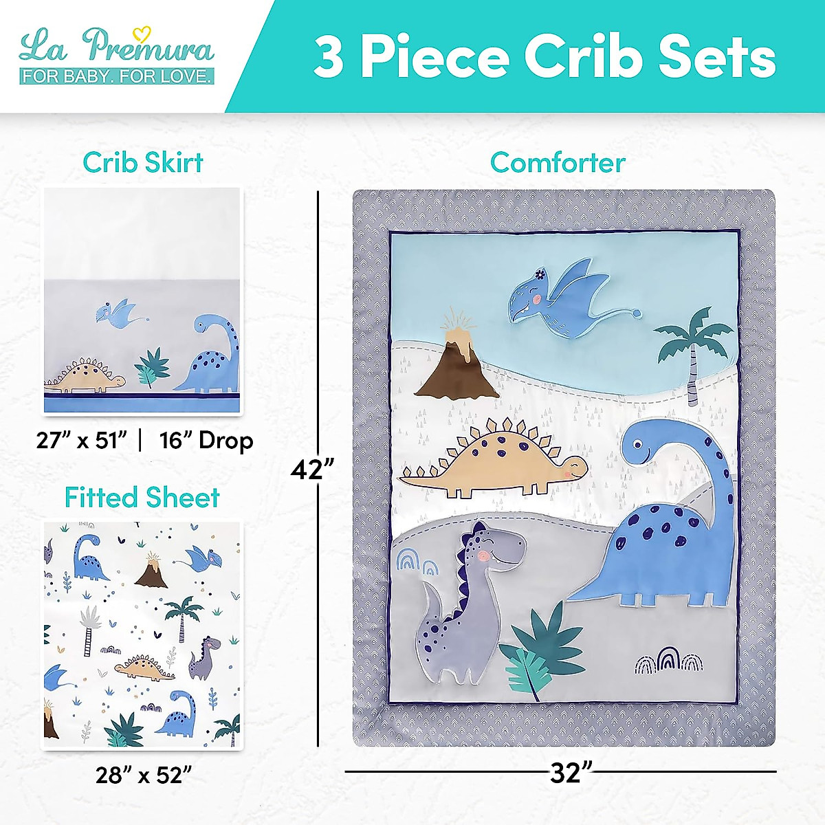 La Premura Baby Crib Bedding Set for Boys – Dinosaur 3 Piece Standard Size Nursery Crib Comforter Set, Grey/Blue - Unisex Baby Nursery Bedding and Neutral Decor