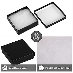 Cardboard Jewelry Boxes 10 Pack - 3.5"x3.5"x1" Bulk Cotton Filled Small Gift Boxes with Lids for Jewelry Packaging (Black Gloss)