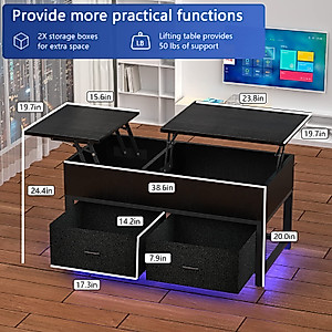 Hasipu Lift Top Coffee Table with Storage for Living Room LED Furniture 39.4",Modern Square Center Tables with USB Charging Port, Black