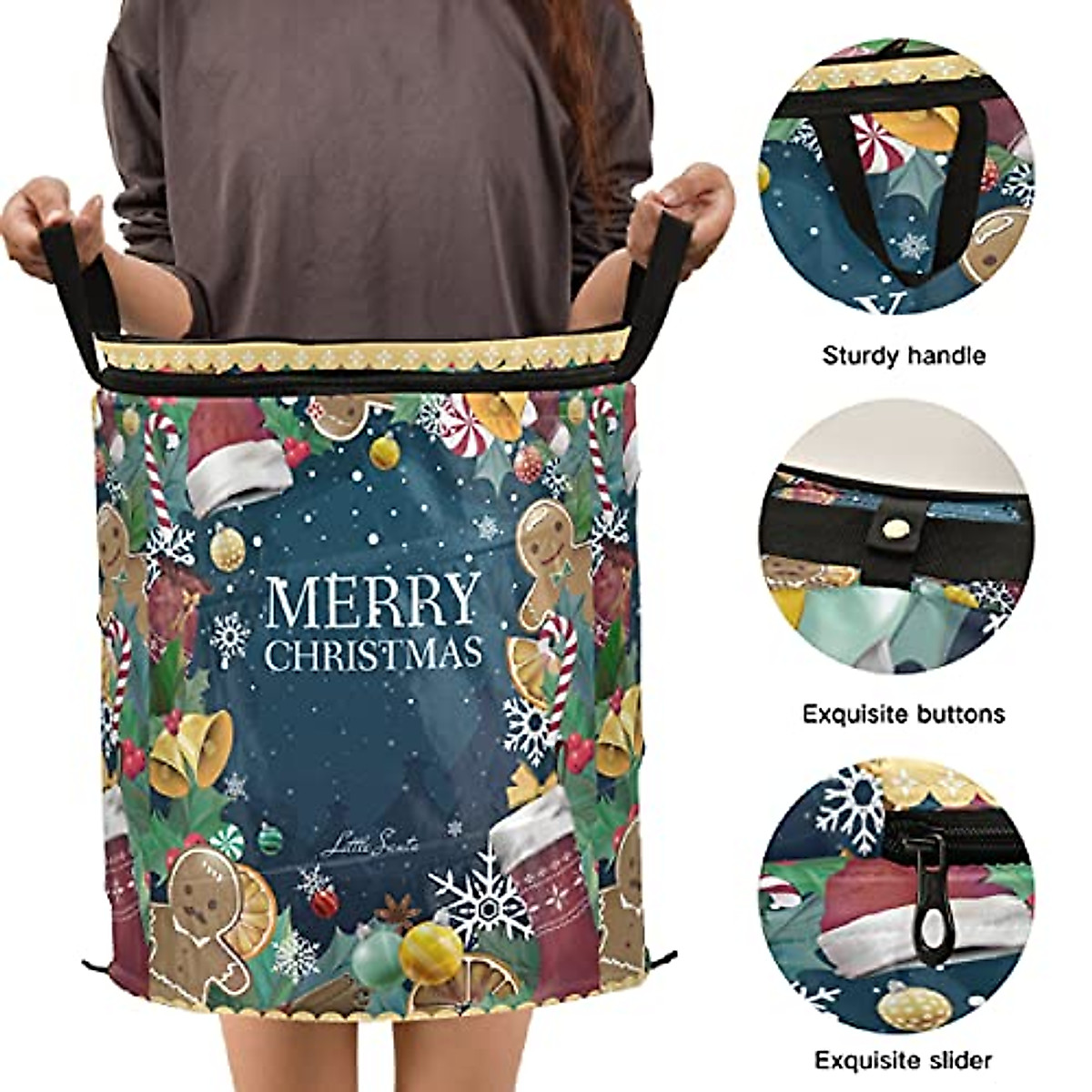 Merry Christmas Pop-Up Laundry Hamper with Lid Zipper Storage Laundry Basket Foldable with Handles for College Students Traveling Camp Laundry