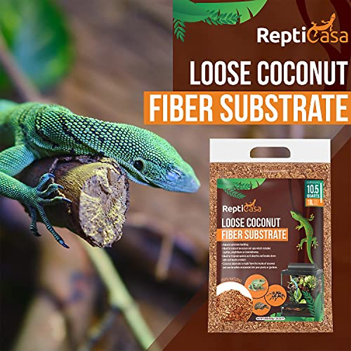 ReptiCasa Loose Coconut Substrate Husk Fibers, 10.5 Quarts Bag, Clean Natural Terrarium Bedding for Reptiles, Amphibians, or Invertebrates, Waste, Liquid and Odor Absorbent
