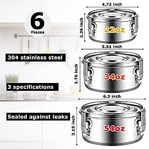 Zopeal 6 Pcs Stainless Steel Food Storage Containers with Lid Bento Lunch Boxes Reusable Metal Flat Canisters for Camping Trips Picnic Snacks Soups Salads Leftovers, 3 Sizes