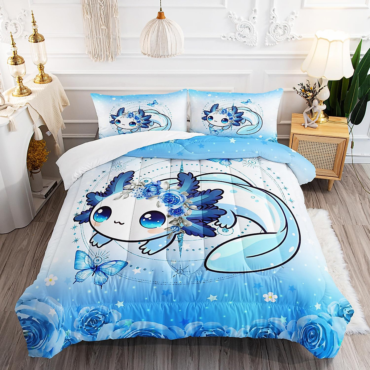 AILONEN Cartoon Axolotl Kids Comforter Set Queen Size, Blue Axolotl Printed Kawaii Bedding Set Girls Bed in a Bag 3 Pieces,Wildlife Animals Axolotl Salamander Comforter with 2 Pillowcases