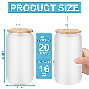 Sieral 16 oz Sublimation Glass Blanks, Beer Can Tumbler with Bamboo Lids and Glass Straws, Sublimation Jars Water Tumbler Cups for Coffee Juices Cocktail Wine DIY Gifts (20 Pieces)