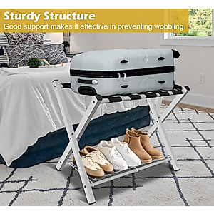 mocomax 1 Pack Folding Luggage Rack for Guest Room, Foldable Suitcase Stand Holder with Metal Storage Shelf for Bedroom, Living Room, Hotel Essentials, Heavy Duty Steel Frame, White