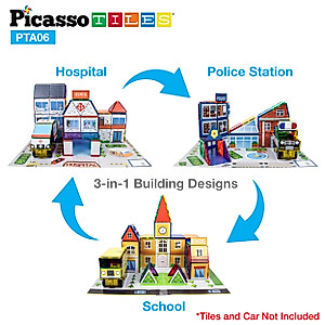 PicassoTiles 80pc School, Hospital, Police Station 3-in-1 Theme Magnet Self Adhesive Backing Stick-On Puzzle Graphic Kit and Overlay Maps for Magnetic Building Blocks STEM Learning Construction Toy