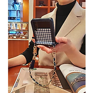 Qoosan Galaxy Z Flip 3 5G Case (2021) Pattern Leather Cover with Card Holder Wallet Hinge Protector Bling Metal Chain Wrist Strap Protective Phone case for Women, Navy Blue