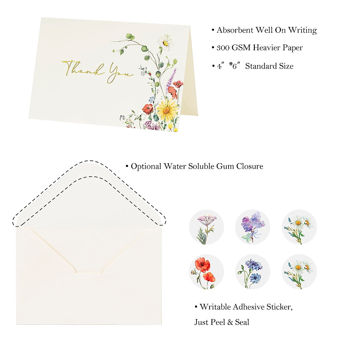 Crisky Thank You Cards 4 Assortment, Gold Foil Watercolor WildFlowers (50 Cards with Envelopes for Birthday, Baby Shower, Bridal Shower, Wedding, All Occasion)