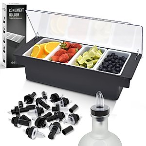 Esatto Bar Products Condiment Holder for Serving Container Chilled Garnish Tray with Lid for Bar Caddy, 4-1 Pint Inserts, With Added 12 Liquor Bottle Pourers, and 12 Pourer Covers - Black