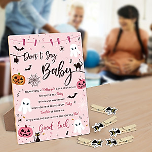 Don't Say Baby Clothespin Game, Halloween Baby Shower Game Wood Sign and 50 Pcs Mini Clothespins, Gender Neutral, Halloween Baby Shower Party Decoration Favors Supplies, Halloween Decor-2