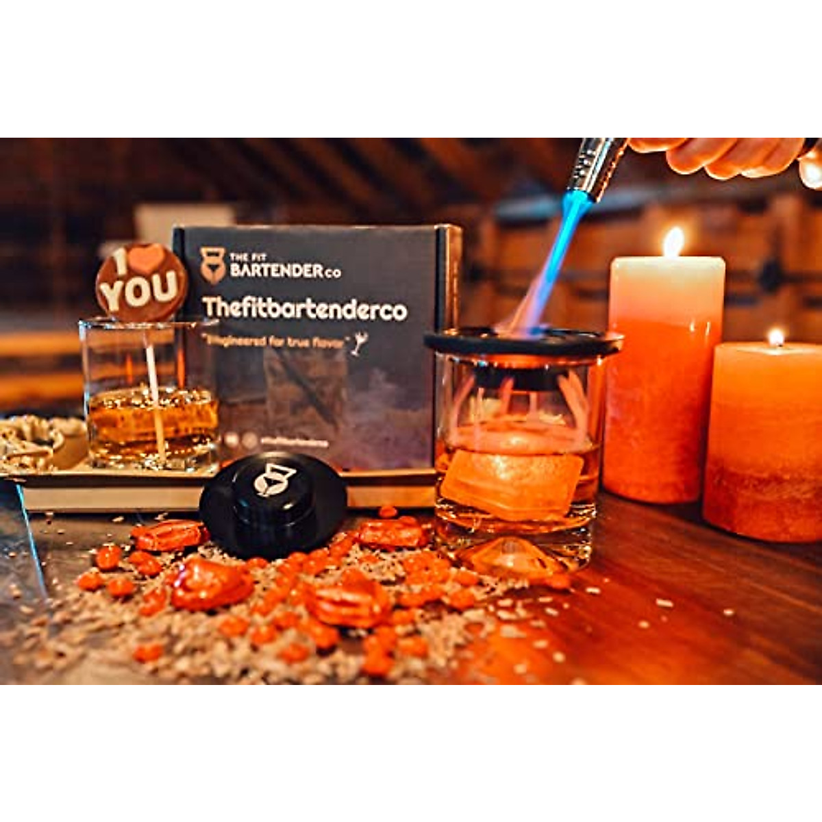 TheFitBartenderCo Metal Cocktail Smoker Kit with Torch- Includes four flavored woodchips, whiskey smoker, Gift for men, dad, husband, boyfriend, bourbon, infuse drink, meat & cheese