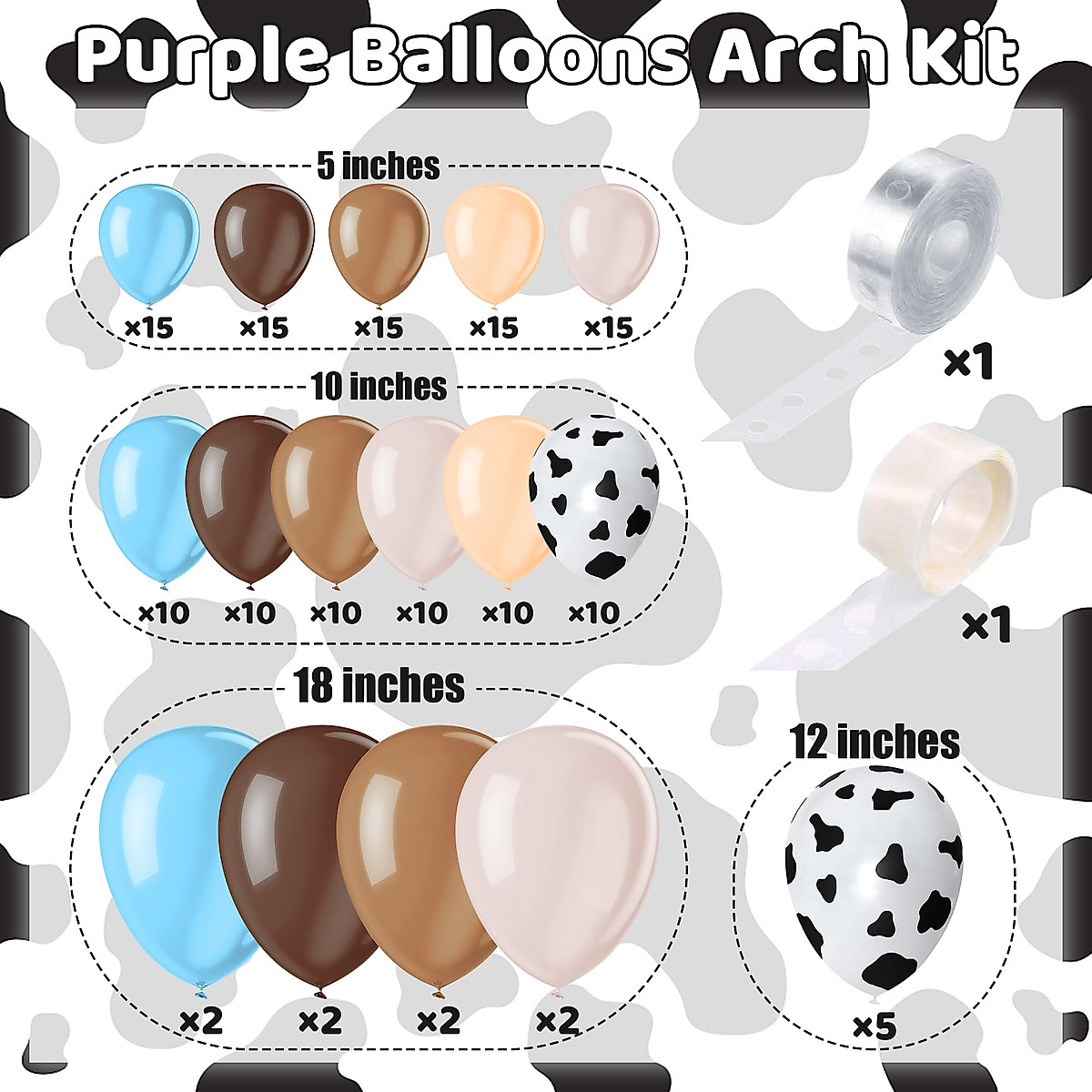 150 Pieces Cow Balloons Garland Arch Kit Cowgirl Cowboy Blue Balloons White Brown Cow Print Farm Animal Balloons for Baby Shower Farm Birthday Party Decorations