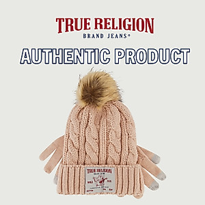 True Religion Beanie Hat and Touchscreen Glove Set, Winter Knit Cap with Cable Faux Fur Pom and Touch Screen Mittens, Coral, One Size