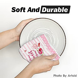 Artoid Mode Home Sweet Home Love Pink Tulip Mother's Day Kitchen Towels Dish Towels, 18x26 Inch Be Happy Flower Vase Decoration Hand Towels Set of 2