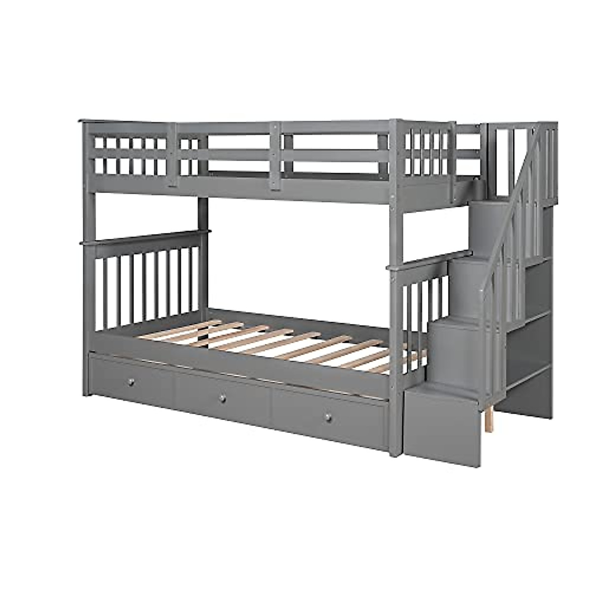 MERITLINE Twin Bunk Bed with Storage Drawer, Wood Twin Over Twin Bunk Beds with Stairs, Low Bunk Beds Frame for Teens Boys Girl(Grey)