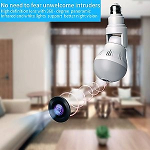 Light Bulb Security Camera, 360 Panoramic Camera Light Bulb, Smart Camera Lamp with Adjustable Bracket, Floodlight and Infrared Night Vision, Motion Detection, Alarm Events, V380 App & PC Software/C6
