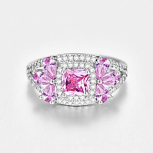 Narica Silver Plated Created Pink Topaz CZ Cubic Zirconia Filled Eternity Halo Cocktail Party Wedding Engagement Promise Band Elegant Women's Petal Flower Ring for Mom Bridal Lover 9#