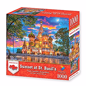 Majestic by Springbok - Sunset at Basil's - 1000 Piece Jigsaw Puzzle Illustration of St Basil's Cathedral at Sunset