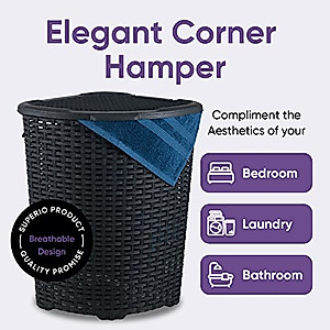 Plastic Corner Laundry Hamper with Lid, Curved Designed Laundry Basket, 2 Pack Triangle Black Cloths Hamper Organizer with Cut-out Handles for Laundry Room Bedroom Bathroom, Wicker Design, 50 Liter