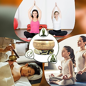 SHANSHUI 5'' Tibetan Singing Bowl Set, Nepal Antique Bronze Mantra Carving Hand Hammered, Sound For Yoga Chakras Healing Meditation Zen With Leather Striker Surface Mallet Silk Cushion Gift - Black