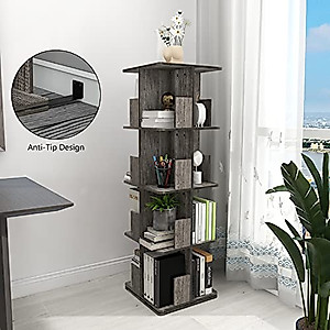 Tohomeor Rotating Bookshelf 4 Tier Bookcase Square Floor Standing 360° View Stackable Storage Display Book Rack Wooden Shelf for Living Room Nursery Bedroom Study Office Corner Space (Greige)