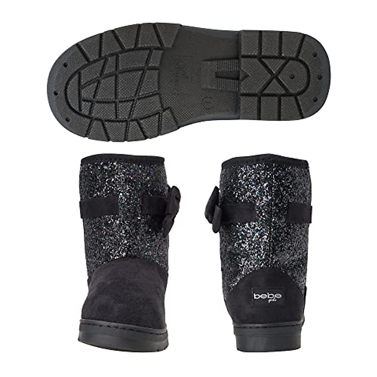 bebe Girls Winter Micro Suede Boots with Rhinestone Embellished Logo & Bow, Black Glitter, Size 2 Little Kid