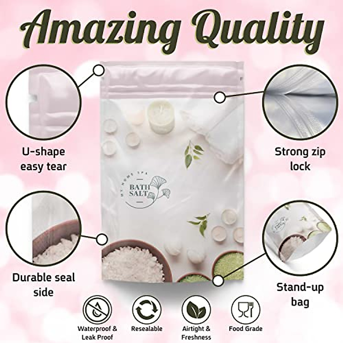 Resealable Standup Bags 3x4.7 +4x6 + 5x8 inches. 100 Pk – Airtight, Waterproof, Zip Lock Seal and/or Heat Seal - Opaque Foil Pouch - Food Grade Bags For Long Shelf-Life and Multipurpose Storage.